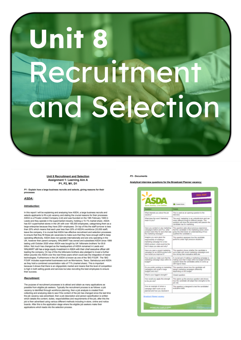 Unit 8 Recruitment and Selection – BTEC Business Level 3 Notes