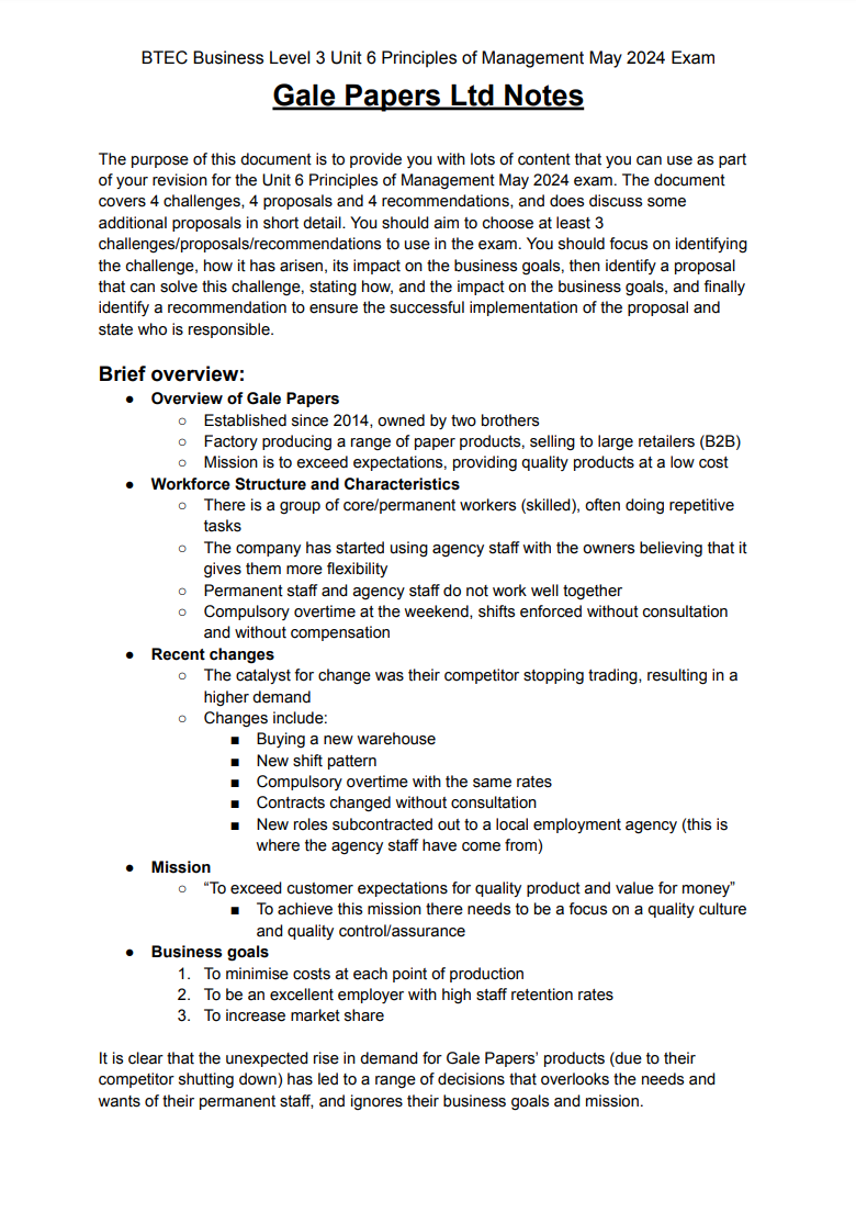 Gale Papers Ltd – BTEC Business Level 3 Notes