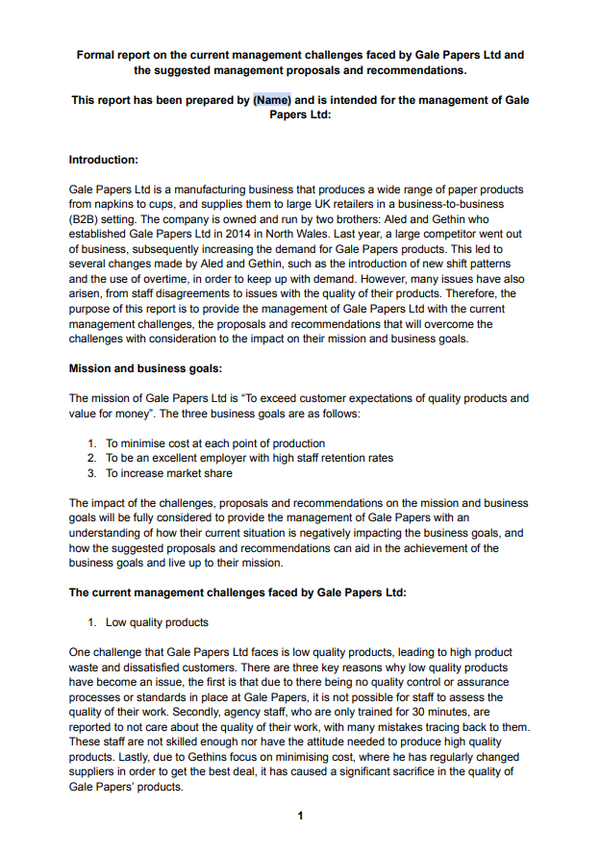 Part B Distinction Examples for Unit 6 Principles of Management Bundle ...