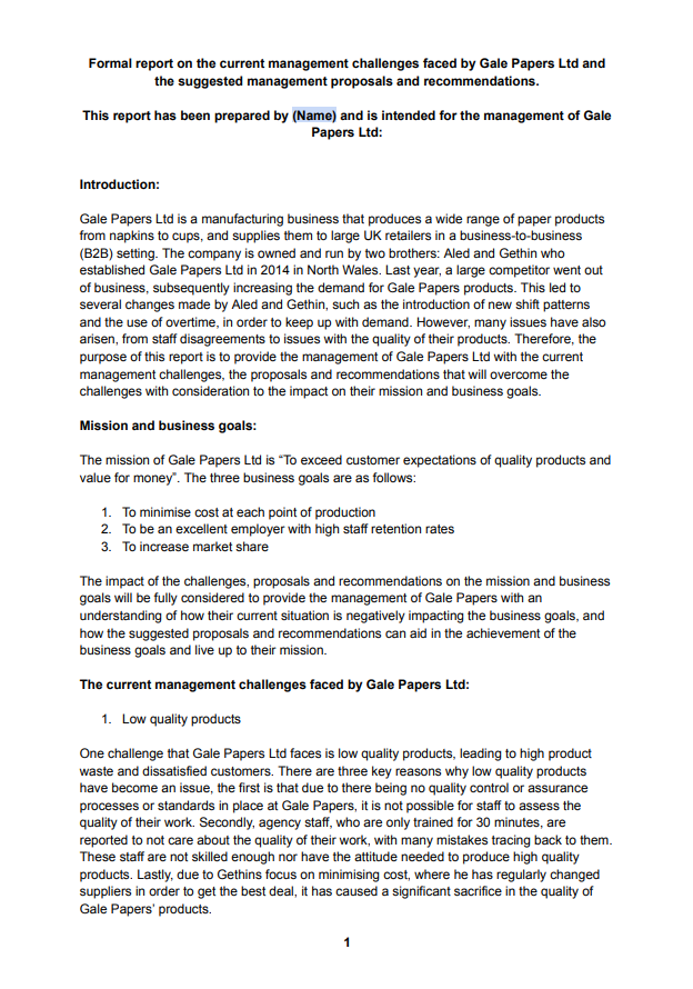 Part B Distinction Examples for Unit 6 Principles of Management Bundle ...