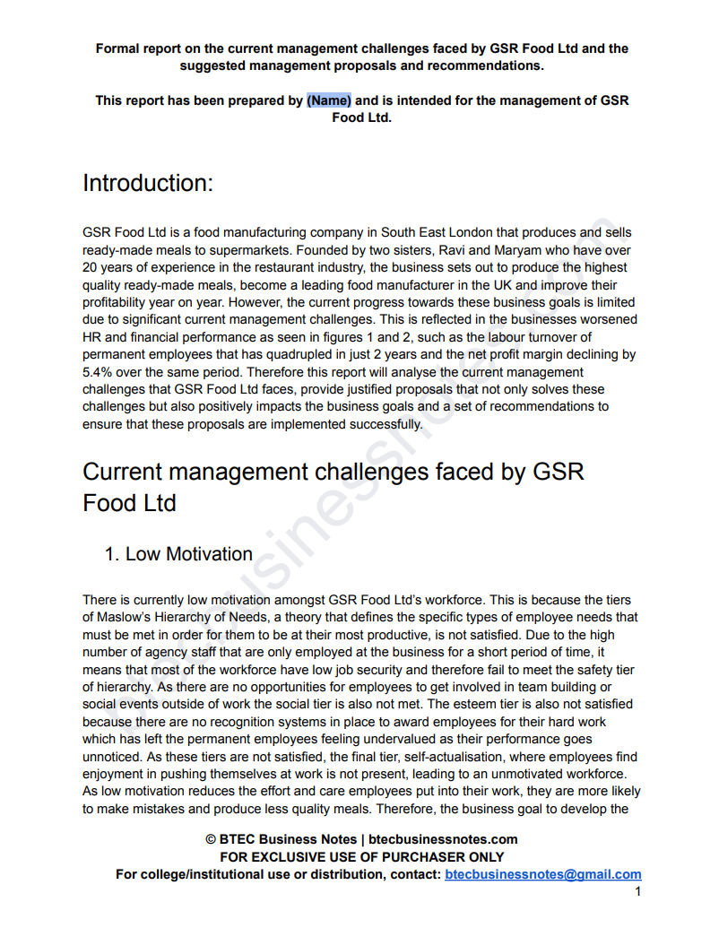 GSR Food Ltd Distinction Grade Report and Presentation Example – BTEC ...