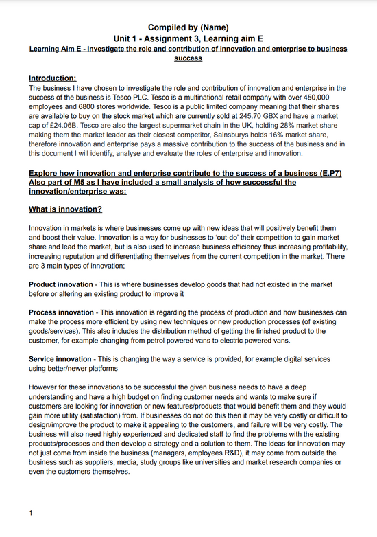 Exploring Business Assignment 3 – BTEC Business Level 3 Notes