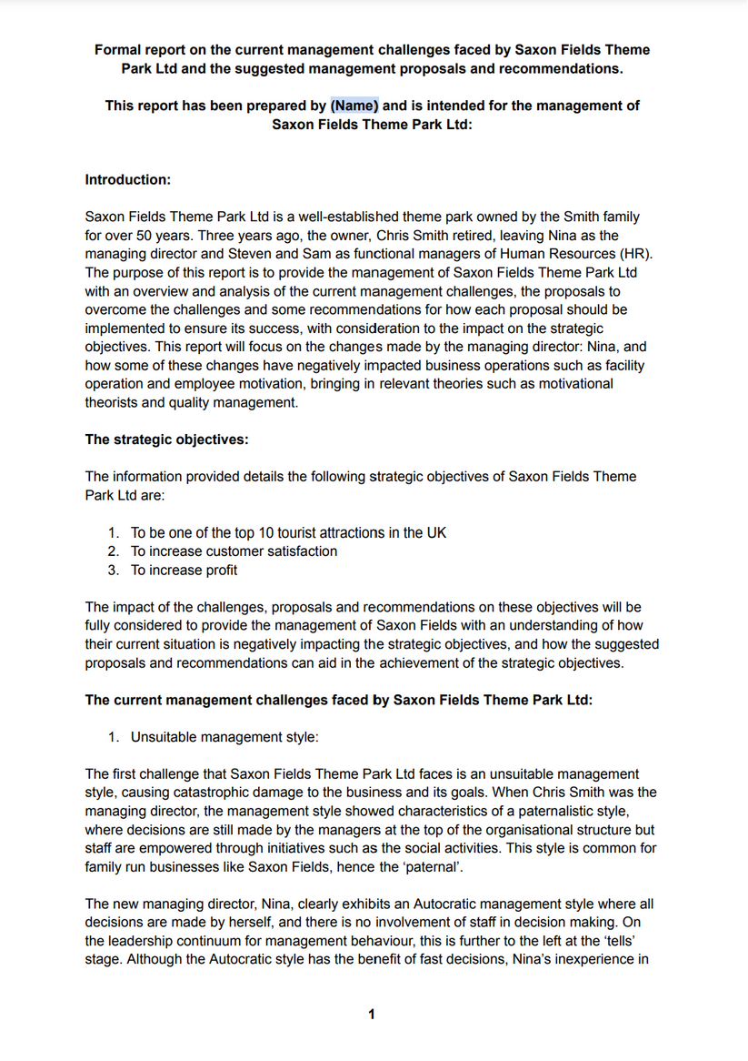 Saxon Fields Theme Park Ltd Unit 6 Principles of Management Exam Bundle ...