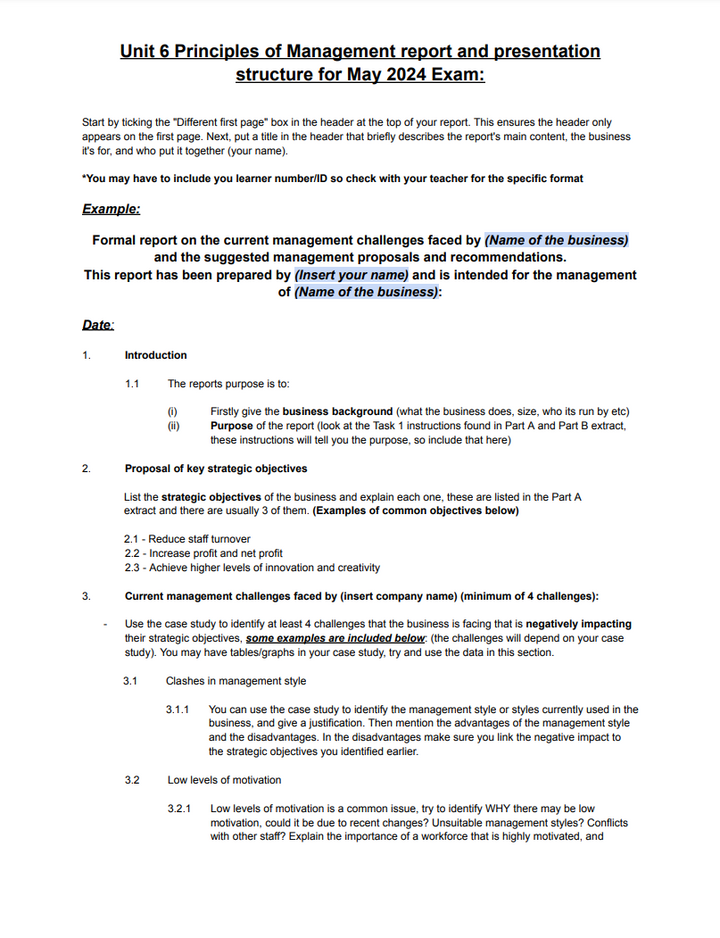 Unit 6 Principles of Management – BTEC Business Level 3 Notes