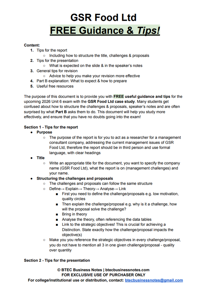 GSR Food Ltd – BTEC Business Level 3 Notes